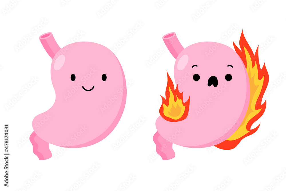 Stomach character. Heartburn acid. Ailing burning stomach. Cartoon ...