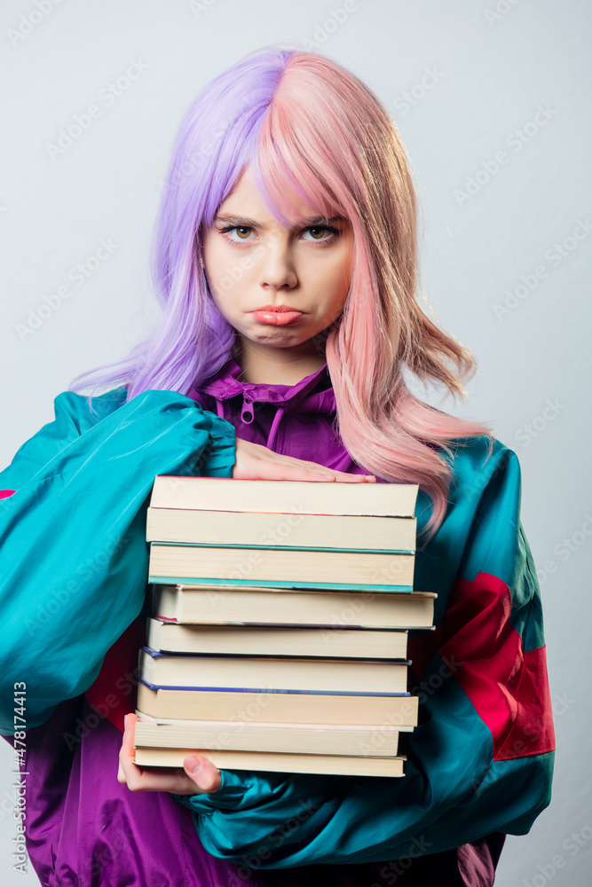 Beautiful yandere girl with purple hair and 80s tracksuit holds book on ...