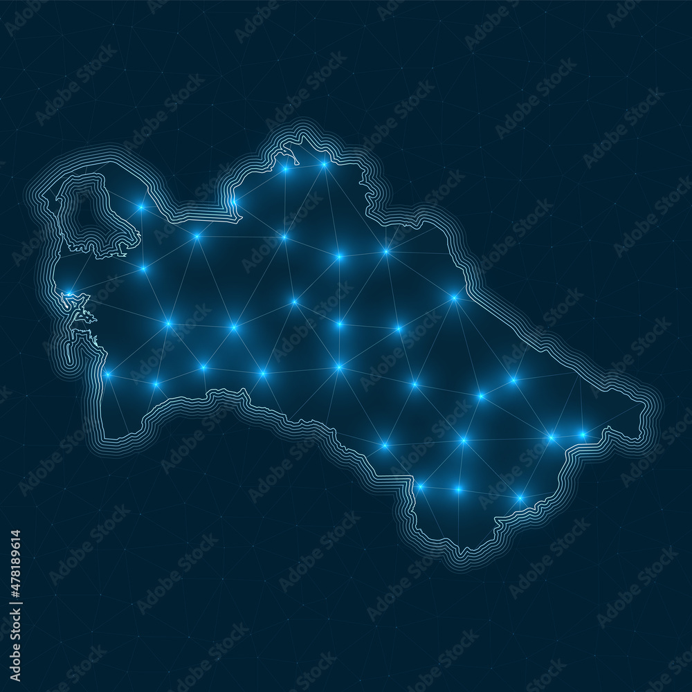 Turkmenistan network map. Abstract geometric map of the country. Digital connections and ...