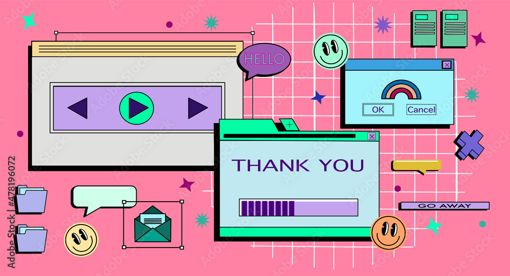Retro vaporwave desktop with message boxes and user interface elements ...