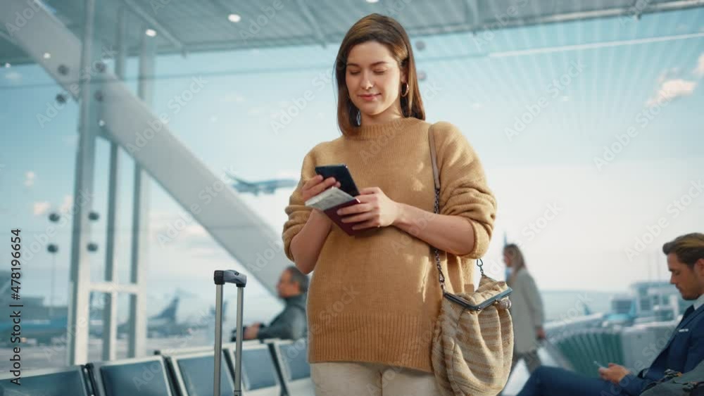 Airport Terminal: Happy Traveling Caucasian Woman Waiting at Flight ...