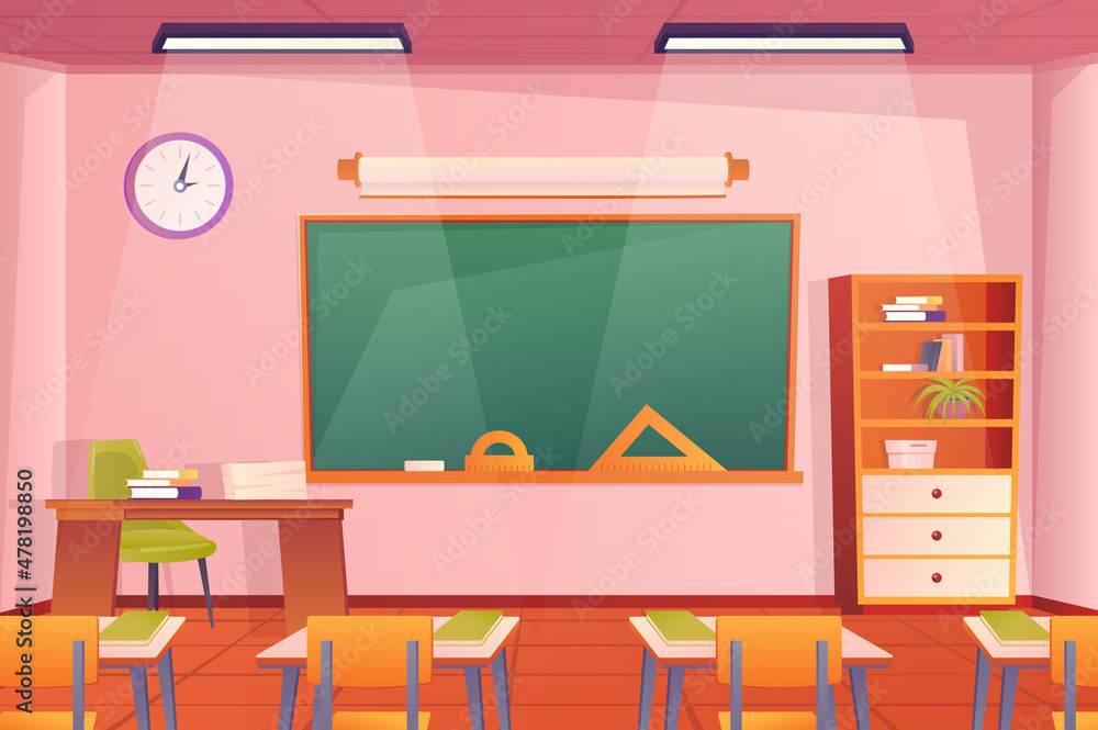 School classroom interior concept in flat cartoon design. Room and ...