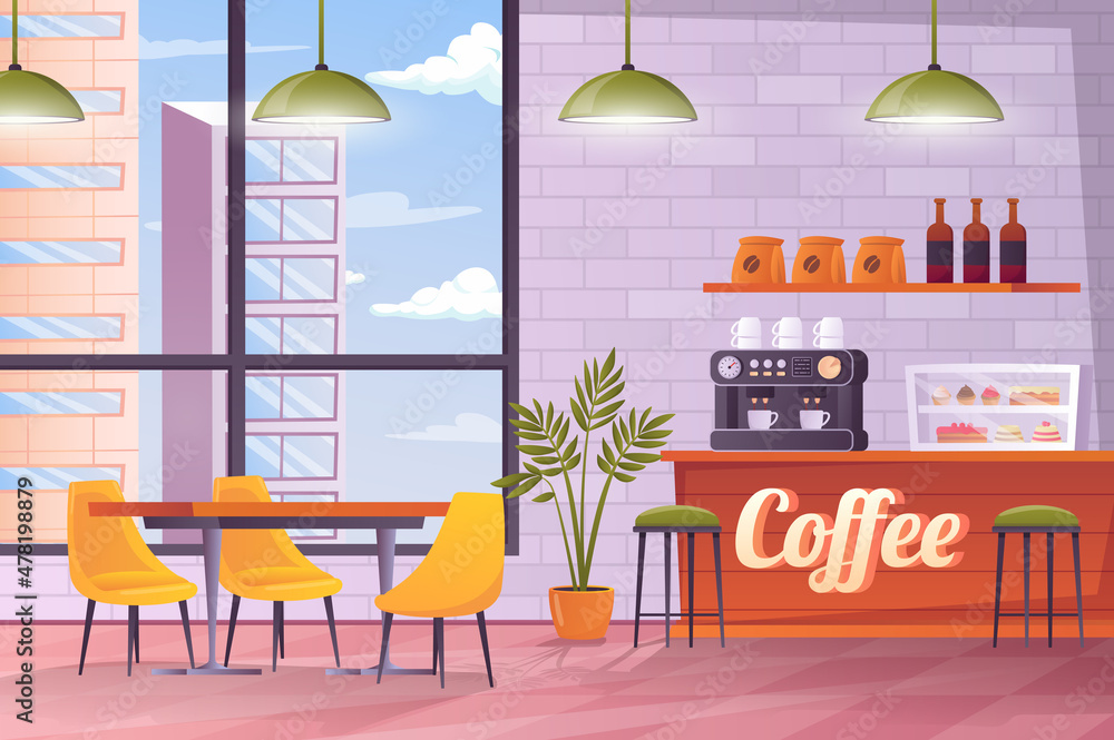 Coffee shop interior concept in flat cartoon design. Room with counter ...