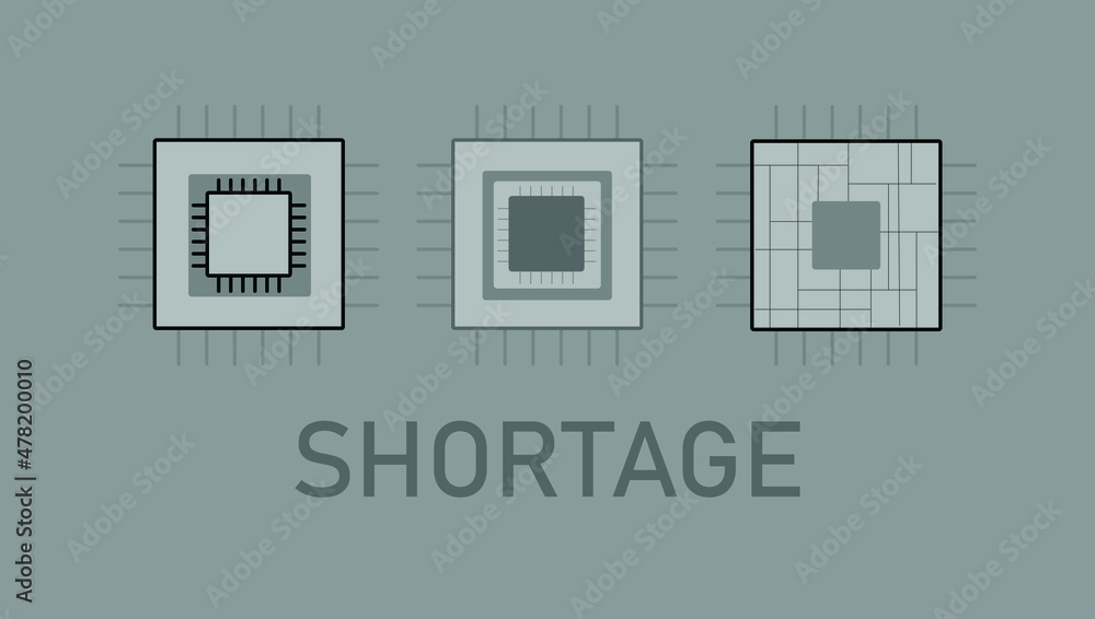 Vector showing semiconductor shortage, three chips with message ...