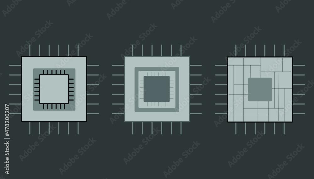 Vector showing semiconductor shortage, three chips on dark grey ...