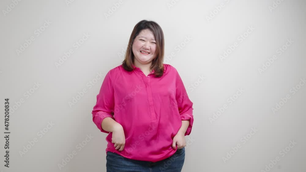 Fat woman pink shirt, Obese woman happy and smile belly fat isolated on ...