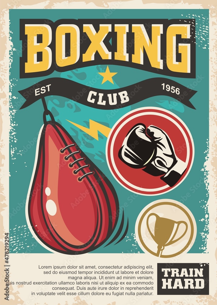 Boxing club retro advertisement on old paper texture. Blue background ...