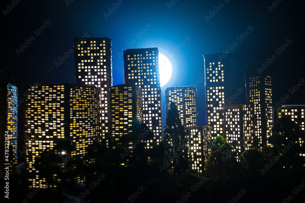 Cartoon style city buildings. Realistic city building miniatures with ...