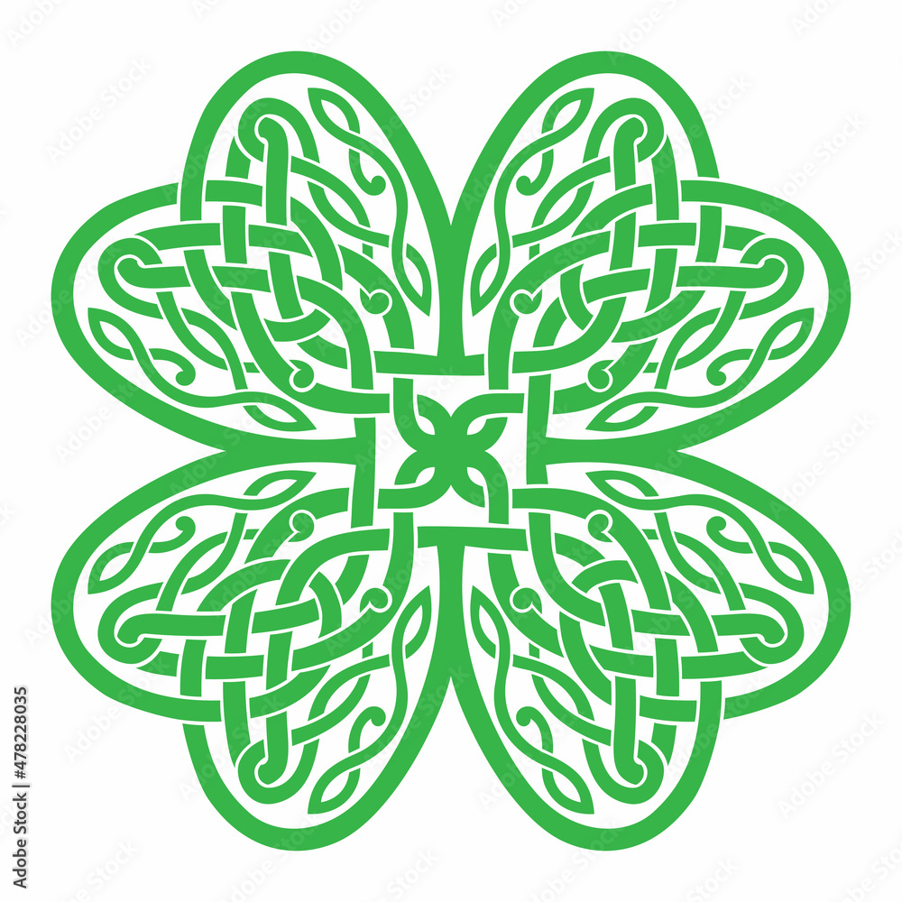 Four-leaf clover shaped knot made of Celtic heart shape knots, green ...