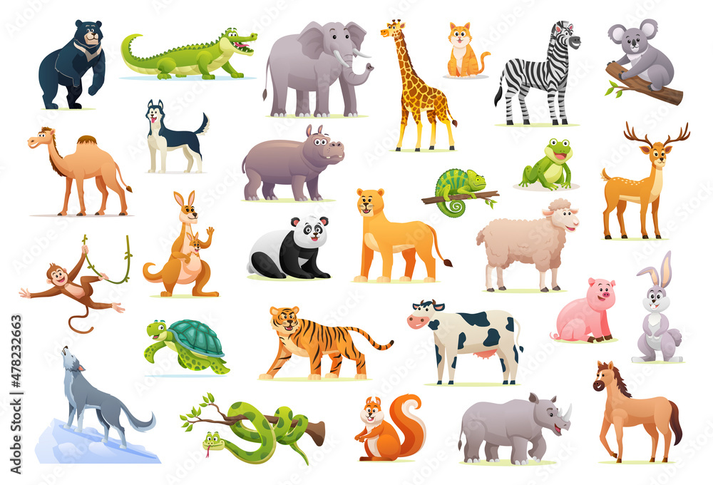 Set of cute wild animals in cartoon style Stock Vector | Adobe Stock