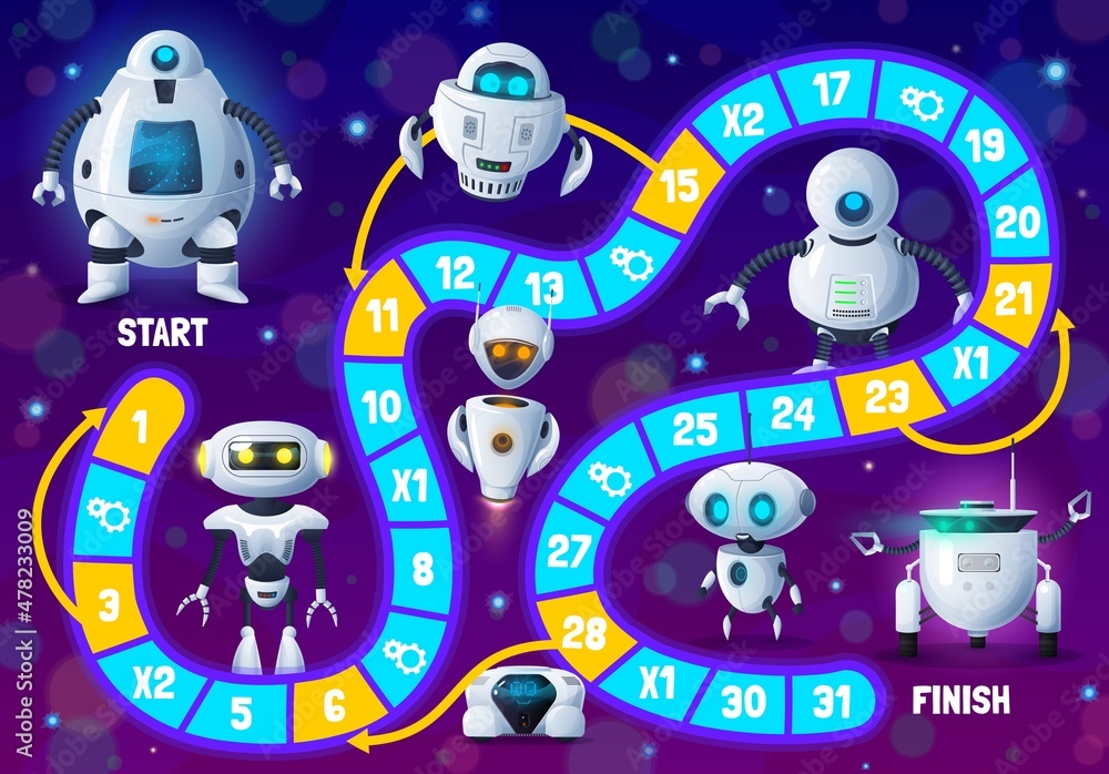 Kids board game with cartoon robots, androids and cyborgs, vector ...