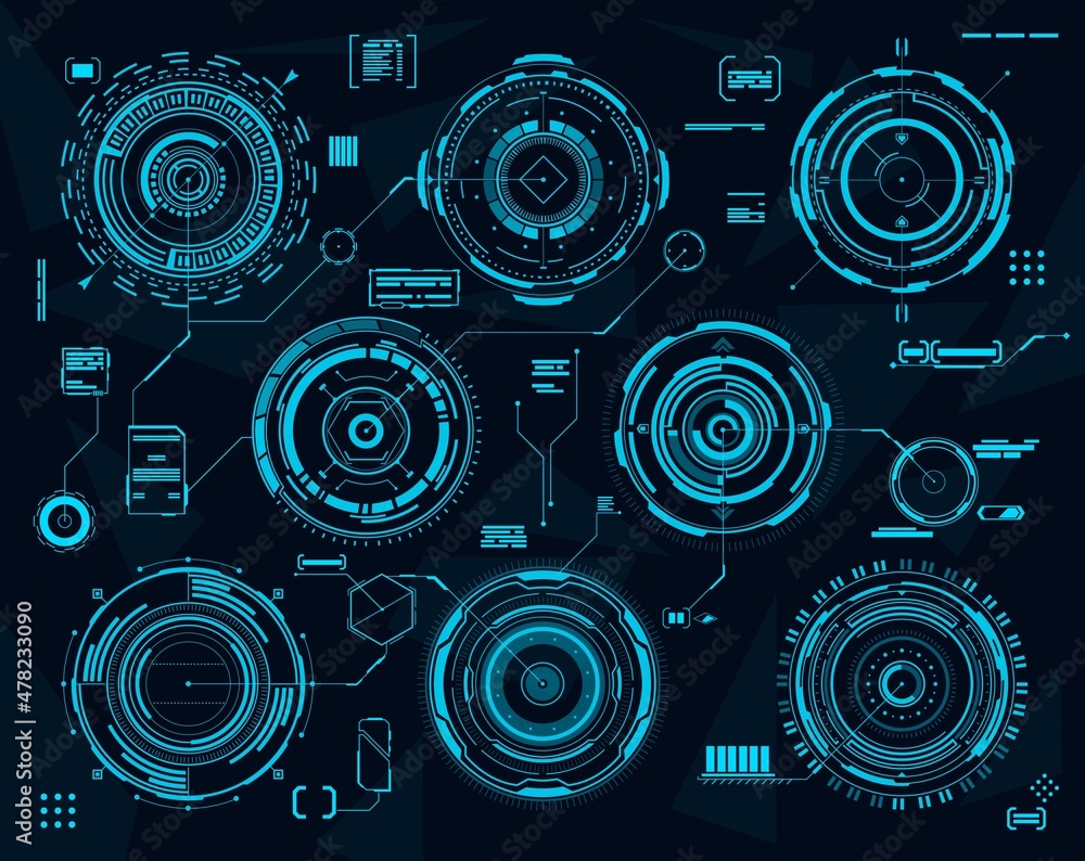 HUD futuristic circular interface. Visual data vector graphs, Sci Fi web panels, technology. HUD ...