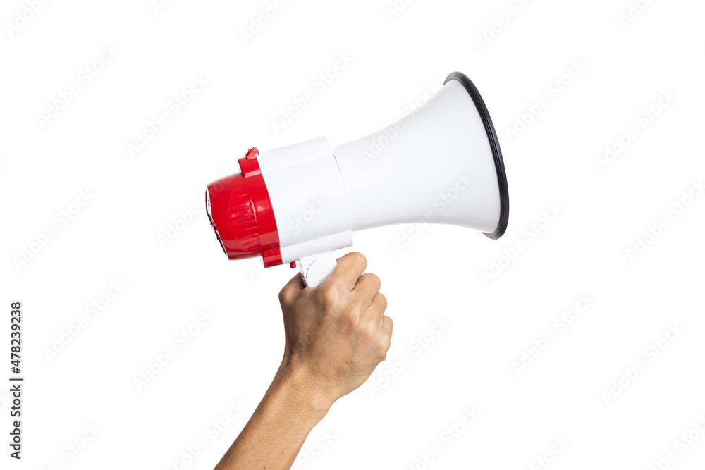 male hand holding a megaphone on a white background with clipping path ...