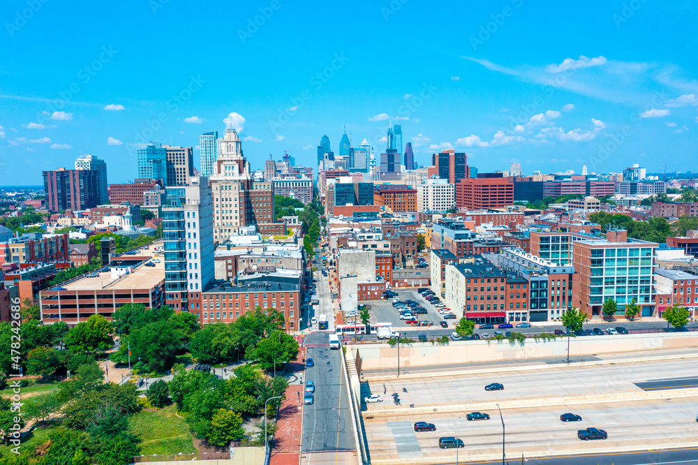 Aerial view of the Center City downtown Philadelphia skyline looking ...