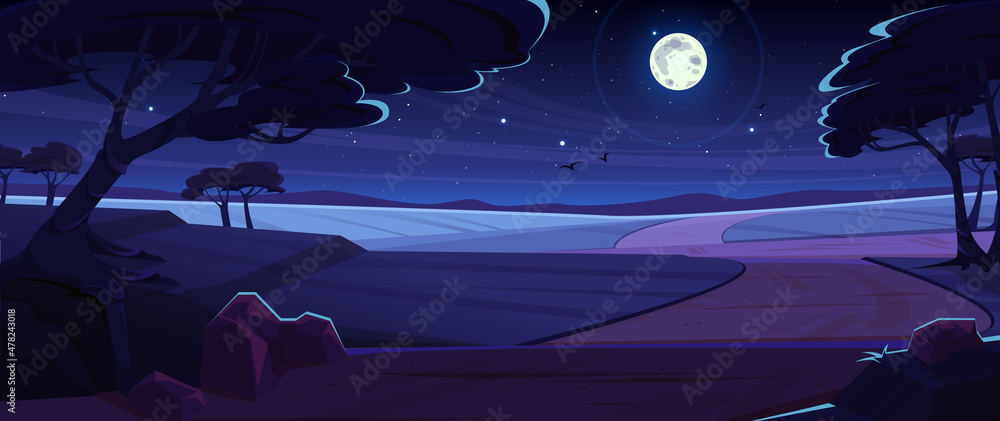 Night African savannah landscape, wild nature of Africa twilight view ...