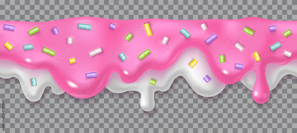 Seamless pink doughnut icing with sprinkles and cream drop. Realistic ...