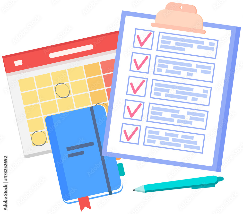 Clipboard with checklist with red tick marks near notebook, calendar ...