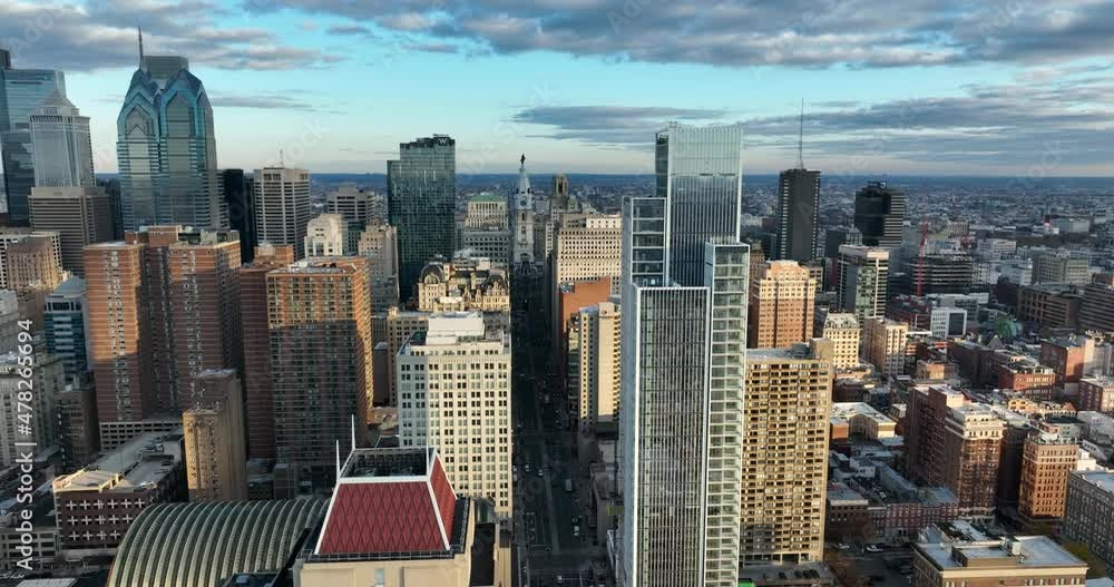 American cityscape aerial establishing shot. Truck shot of urban ...