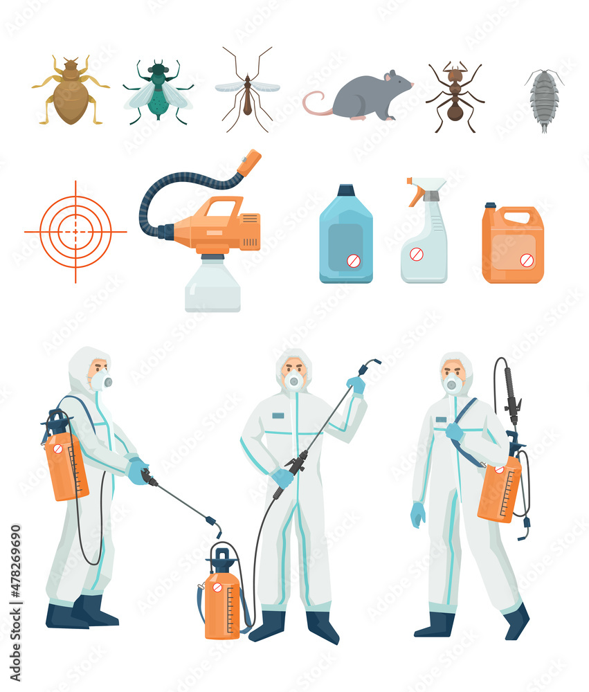 Pest control workers and insects flat vector illustrations set. Poison ...