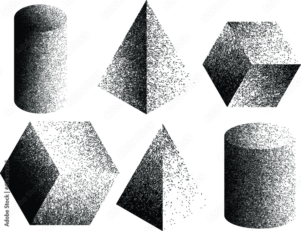 Noise destroyed cube, pyramid and cylinder logo . Trendy grainy shapes . Graph print texture ...