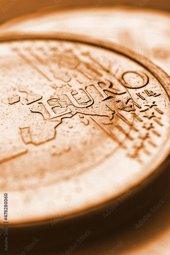 Euro coins. The focus is on the inscription with the name of the Euro ...