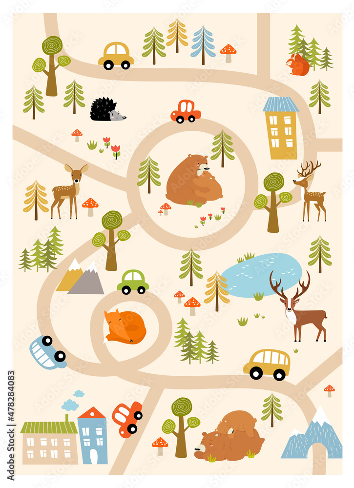 Print. Vector forest maze with animals, road, houses. Cartoon Forest ...