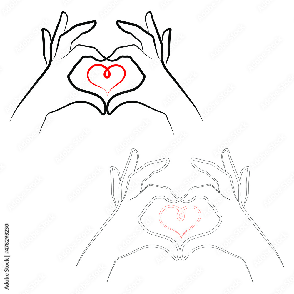 Women hands heart gesture with linear heart inside simple outline ...