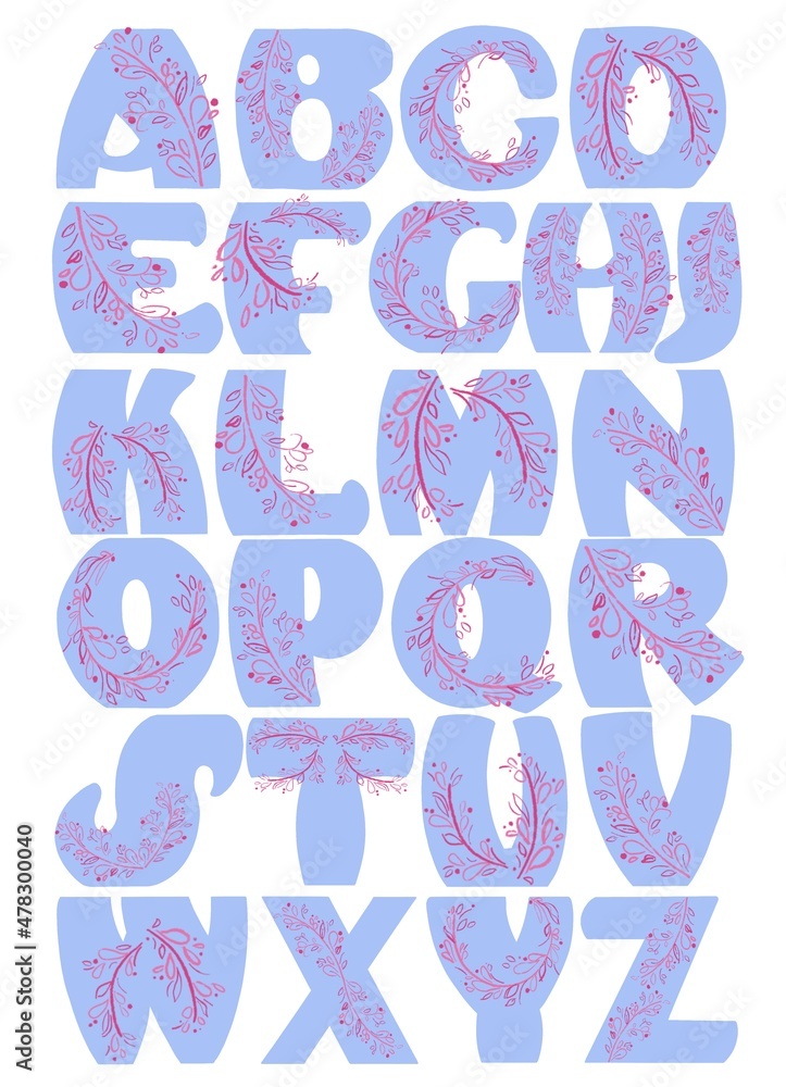 English alphabet in purple with pink floral pattern. Poster of letters ...