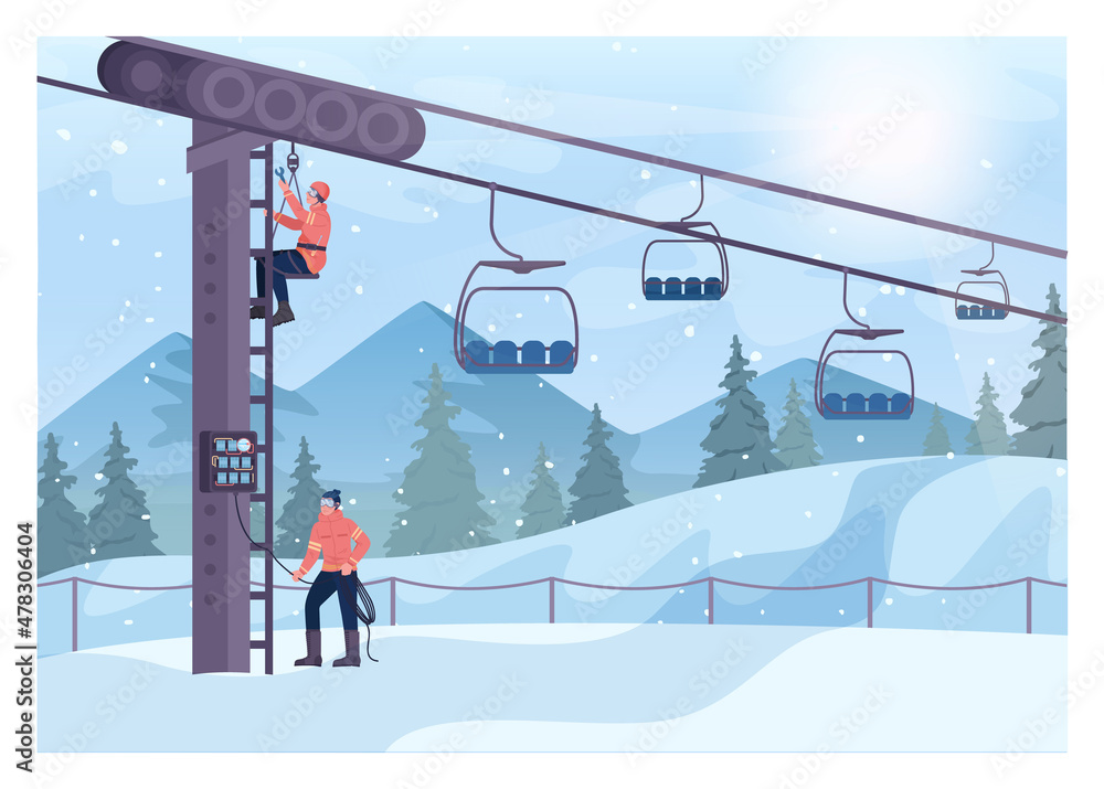 Ski resort maintenance. Surface lift operator fixing a lift. Snowy ...