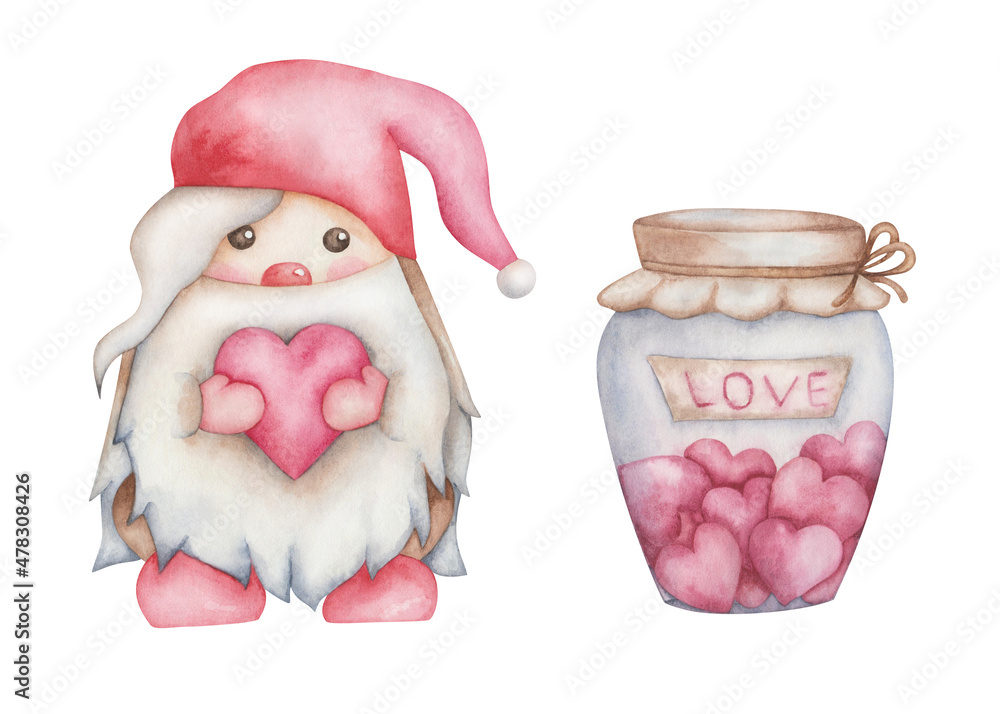 Watercolor illustration of hand painted little dwarf, elf with heart in ...