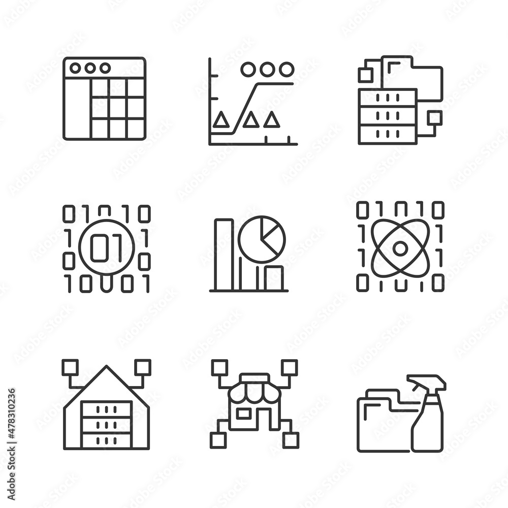 Data mining in industry linear pixel perfect icons set. Knowledge ...