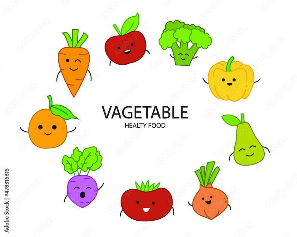 set of cute vegetables and fruits illustrations in kawaii styles ...