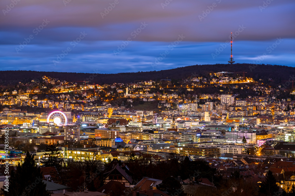 Stuttgart Cauldron nighttime panorama. Illuminated town at winter ...