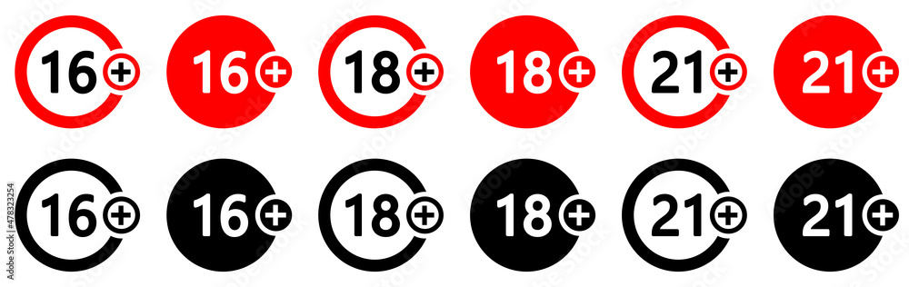 Set of age restriction signs in two colors. Age limit from 16 to 21 ...