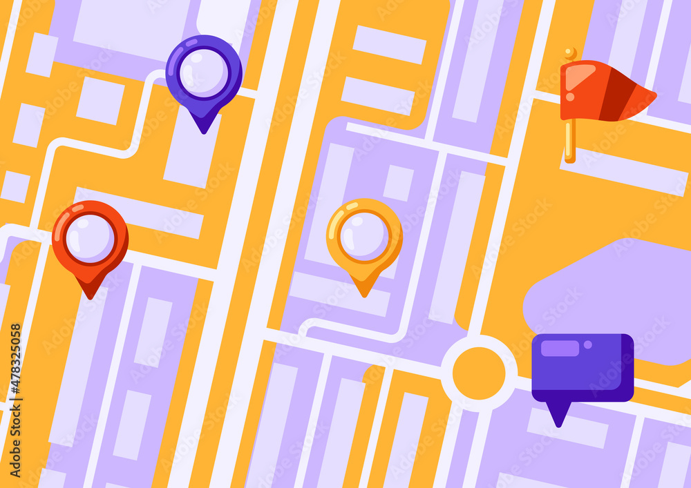 City map background design with markers and flags. Illustration of ...
