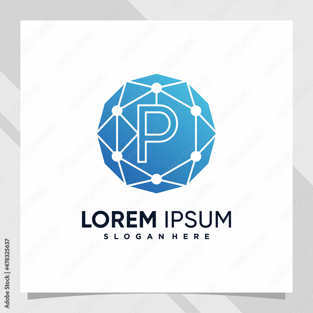 Creative technology logo design initial letter p with line art and dot ...