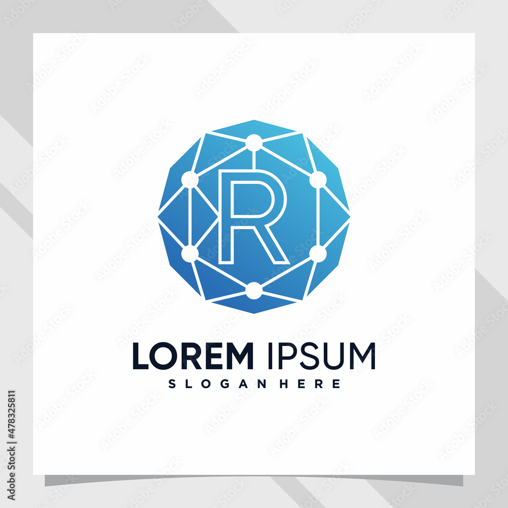 Creative technology logo design initial letter r with line art and dot ...