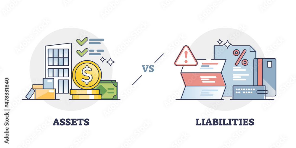 Assets vs liabilities as balance with debts and incomes outline diagram ...