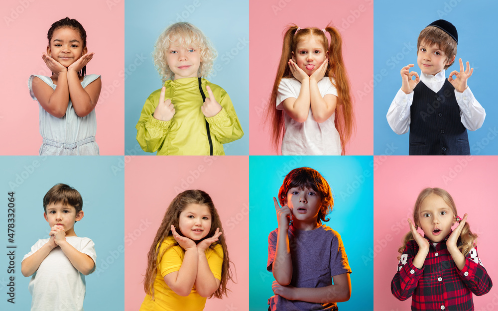Set of portraits of little cute kids, boys and girls isolated on ...