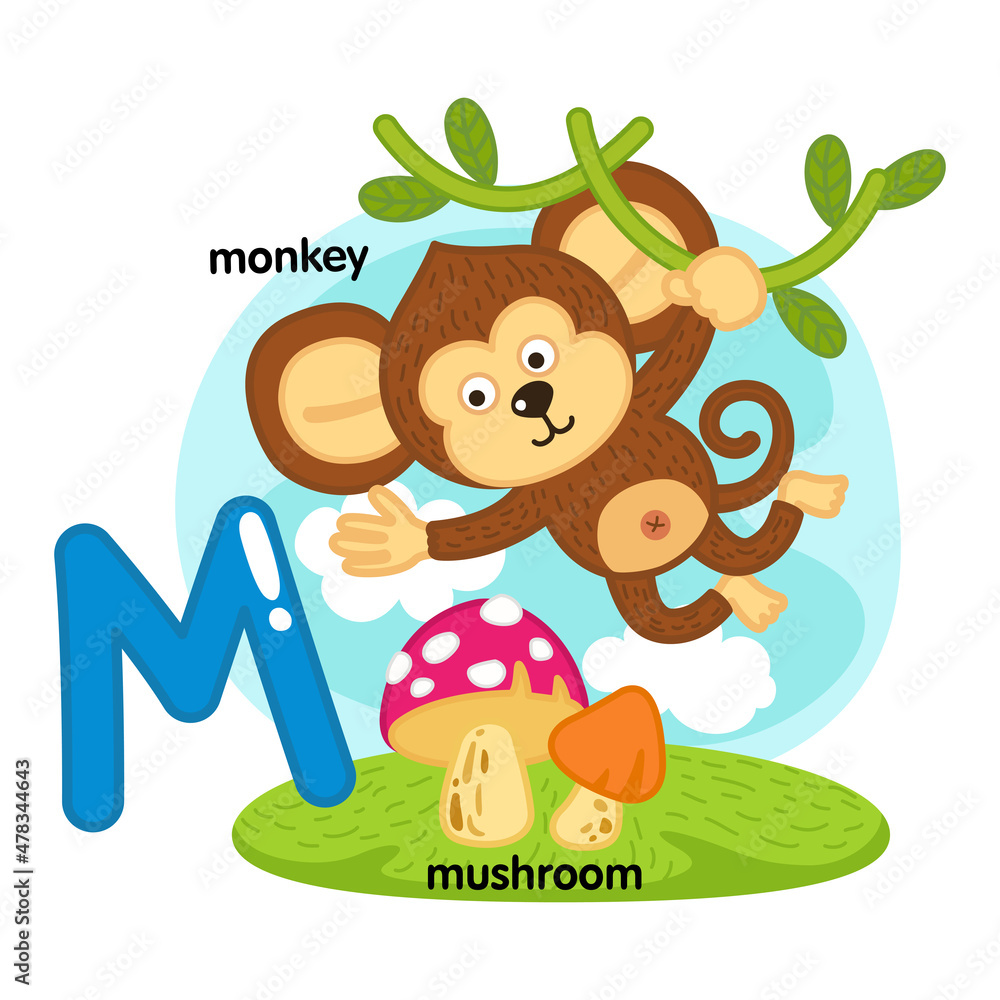 Alphabet Isolated Letter M-monkey-mushroom illustration,vector Stock ...