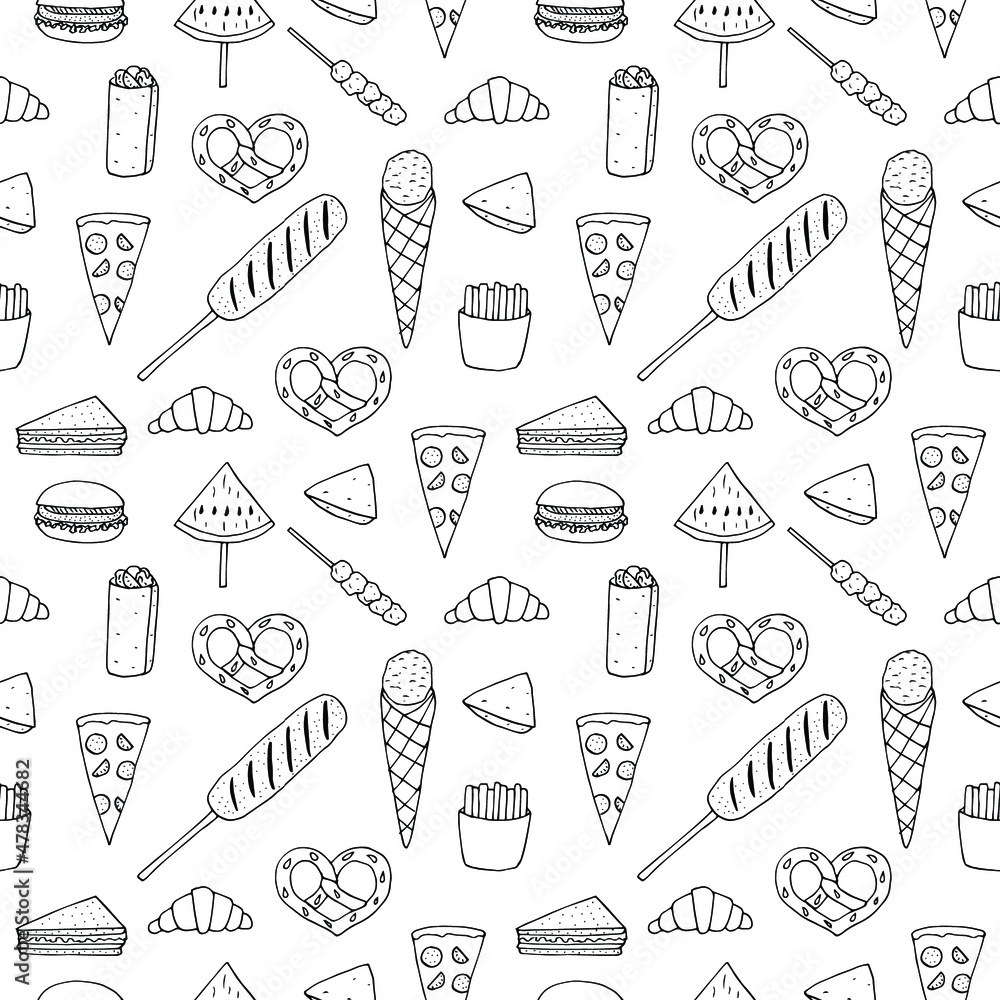 Street food seamless pattern vector illustration, hand drawing doodle ...