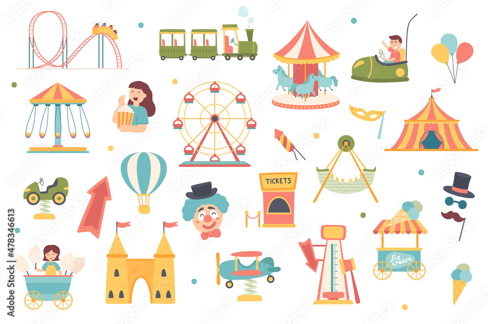 Amusement park isolated objects set. Collection of carousels and ...