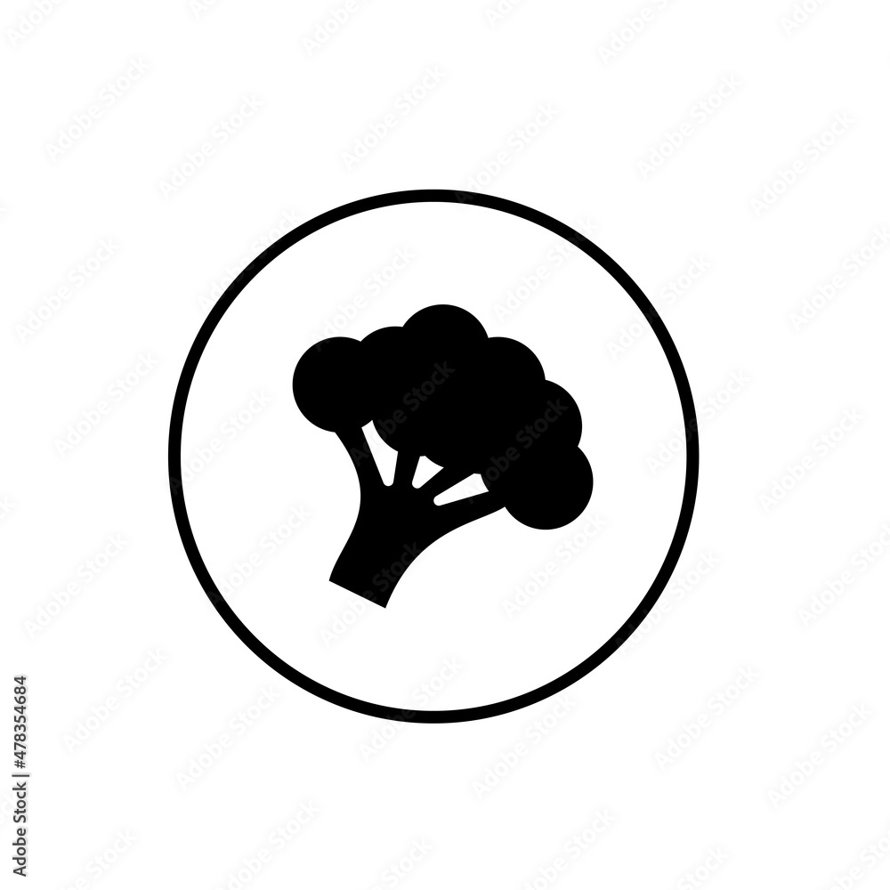 Broccoli solid black line icon. Silhouette broccoli sign in circle ...