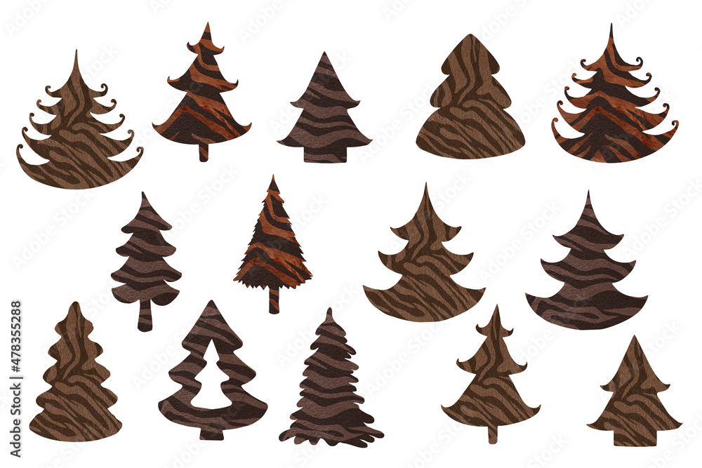 Fur-tree silhouettes with tiger skin prints. Safari Christmas clip art ...