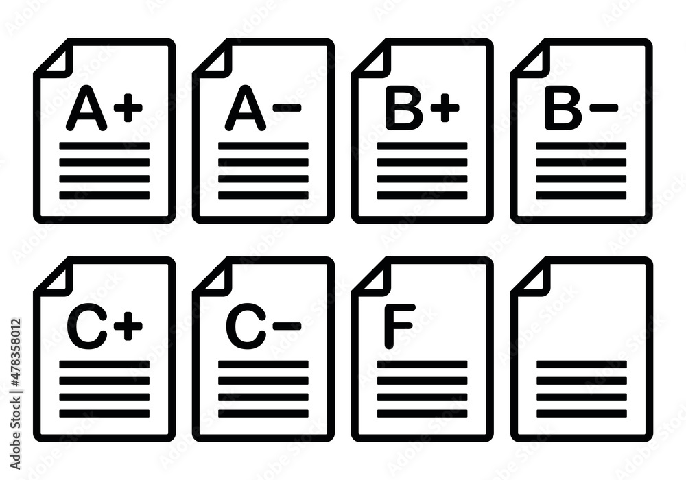 Grades on paper document. Exam result score. Illustration vector Stock ...