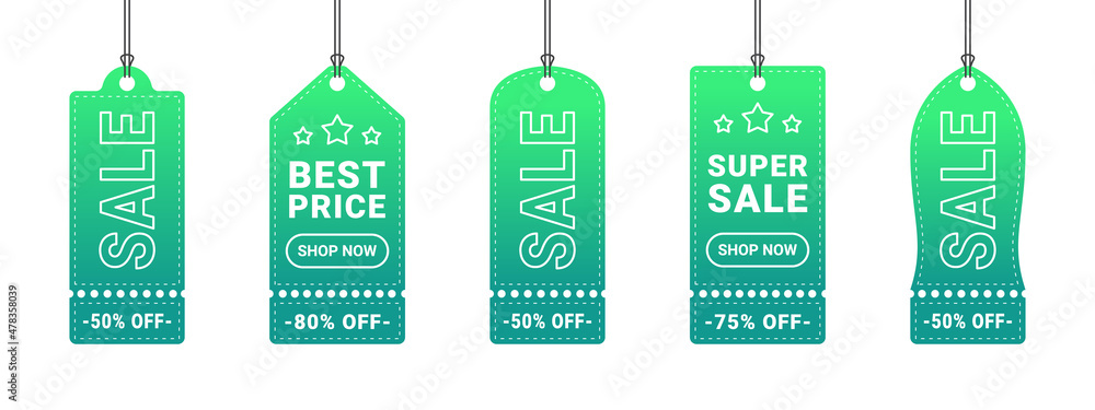 Price tag set. Paper labels with cord. Template green labels. Vector ...