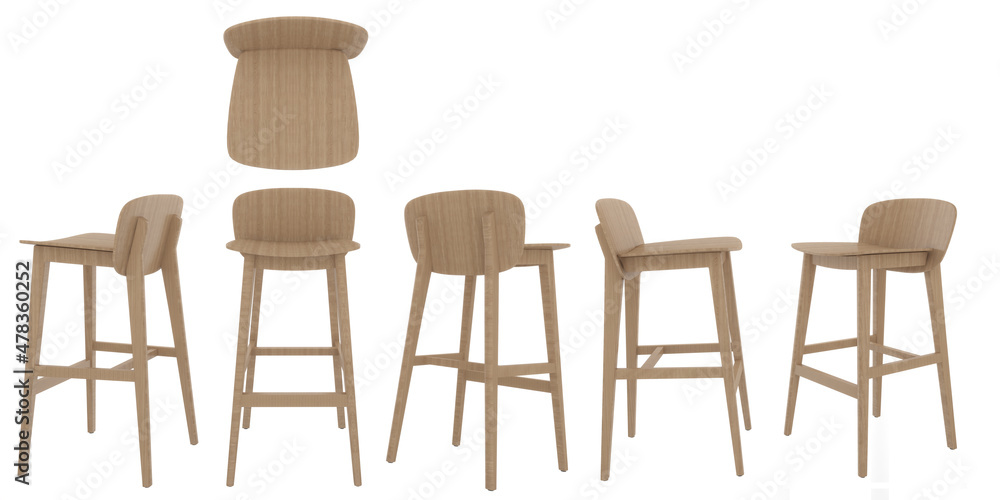 wood stool bar on white background, top view, side, 3d rendering Stock ...
