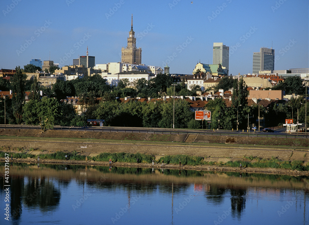 view of the Vistula River and Palace of Culture and Science (PKiN ...