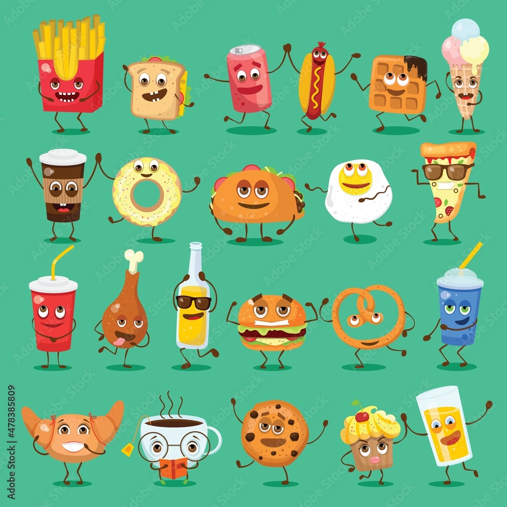 Funny best friends food characters with emotions, includes fast food ...