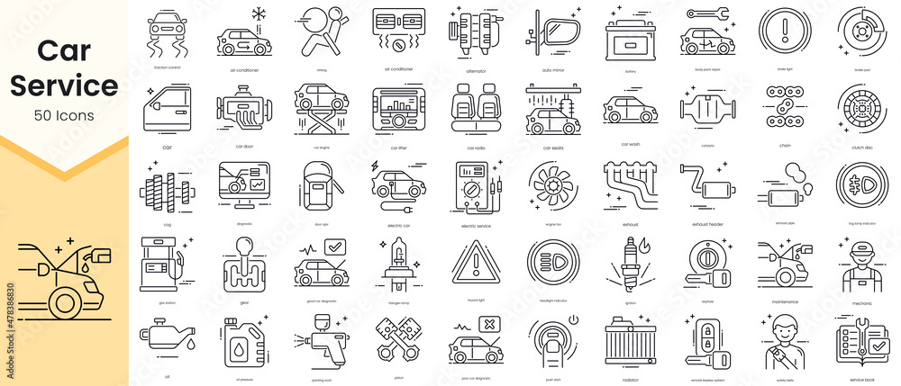 Simple Outline Set of Car Service Icons. Thin Line Collection contains ...